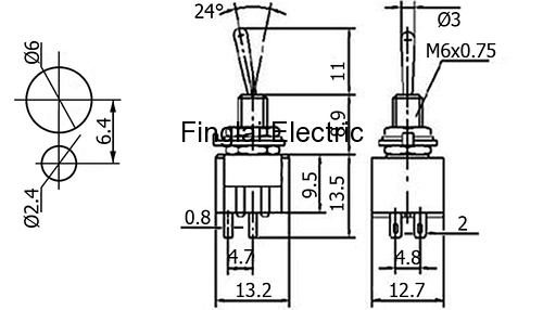 6mm MTS-2 series toggle switch with φ6 mm perforate dimensions